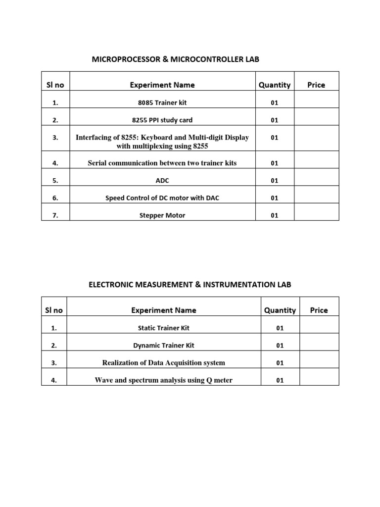 Microprocessor & Microcontroller Lab SL No Experiment Name Quantity ...