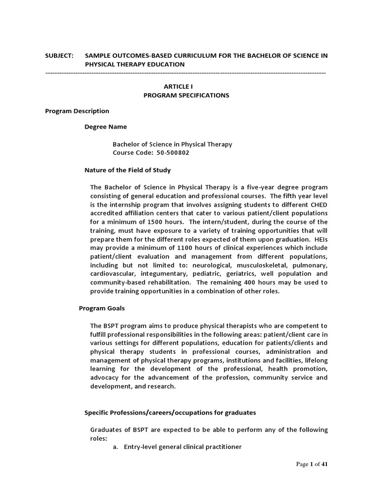 CHED Sample Curricula Bachelor of Science in Physical Therapy | PDF ...