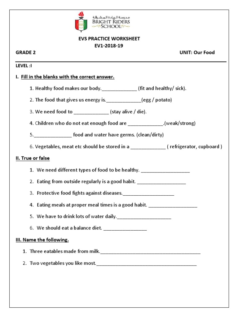 Our Food Work Sheet | PDF | Healthy Diet | Foods