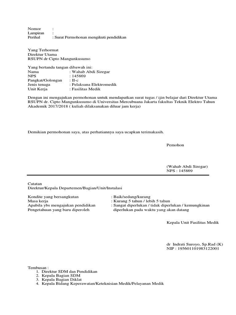 FORMAT Surat Permohonan Mengikuti Pendidikan | PDF
