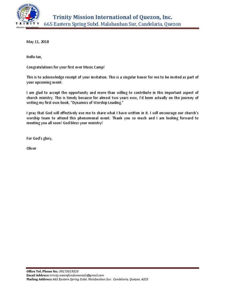 Acknowledgment of Invitation to Music Camp | PDF | Wellness