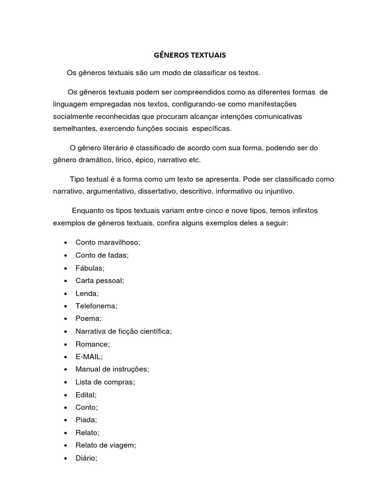 Os Gêneros Textuais: Classificação, Tipos e Exemplos | PDF | Português ...