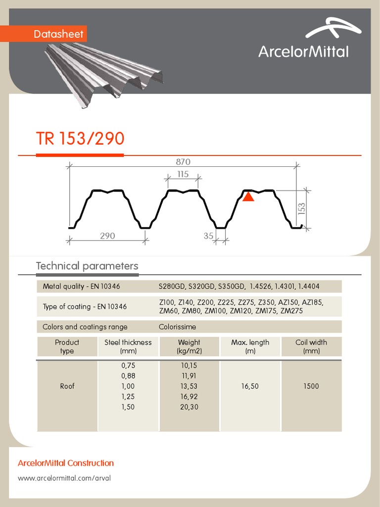 ArcelorMittal TR 153 290 Roof Decking Datasheet en | PDF
