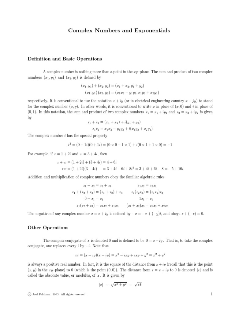 Complex Numbers and Exponentials: Definition and Basic Operations | PDF ...