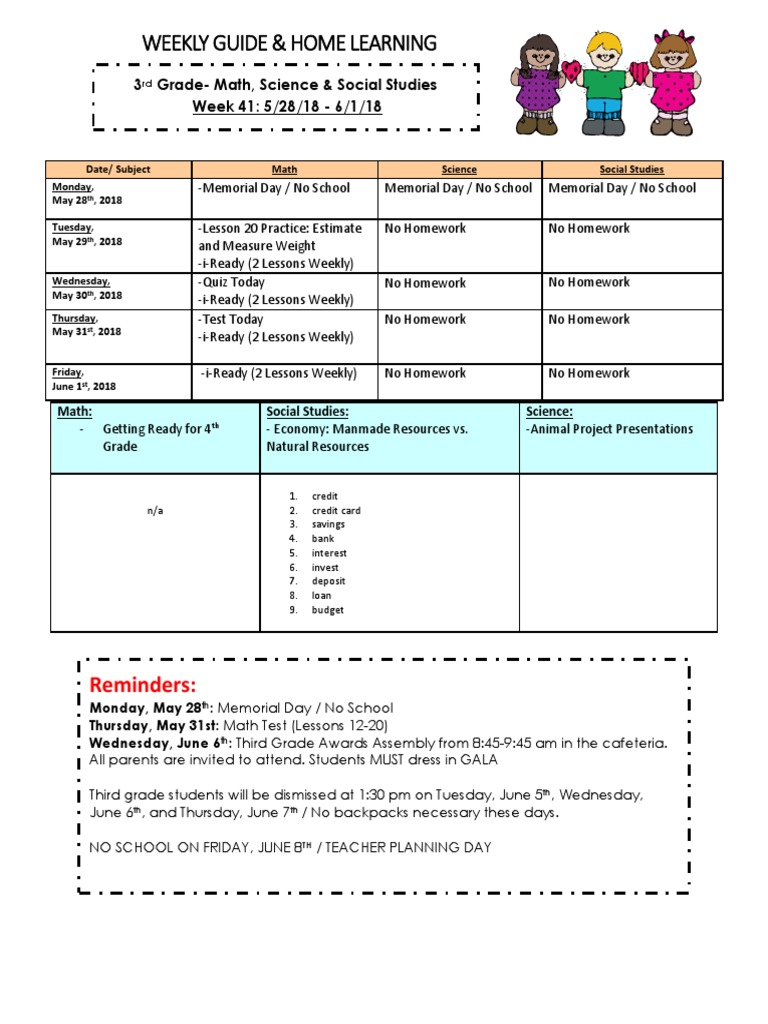 Weekly Learning Guide for 3rd Grade | PDF | Homework | Behavior ...