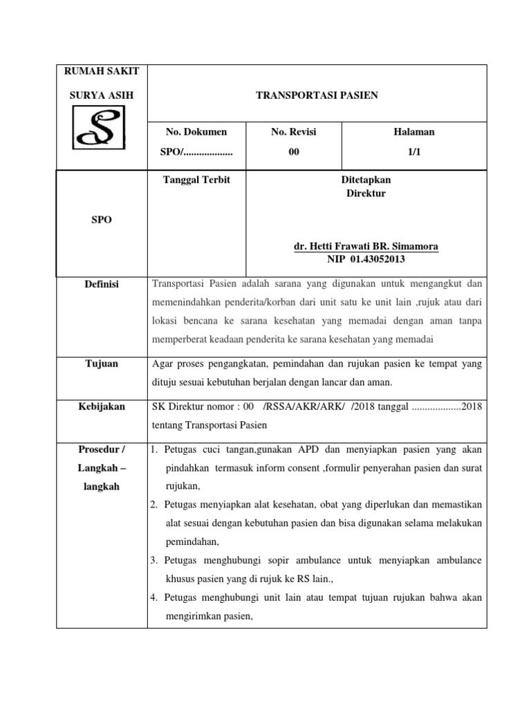 Sop Transportasi Pasien | PDF