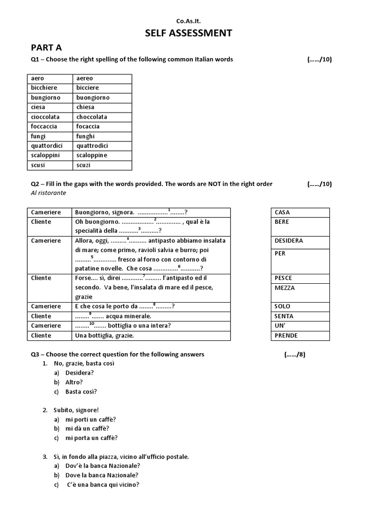 Italian Self-Assessment Test | PDF | Leisure