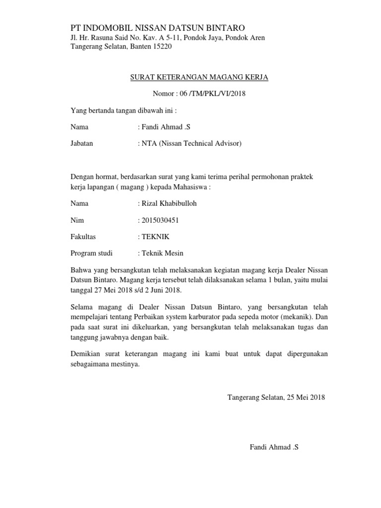 Surat Keterangan Magang | PDF
