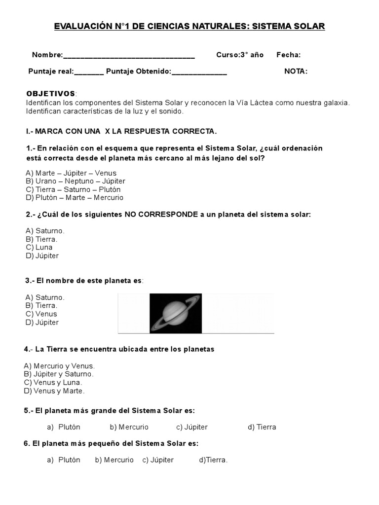 Evaluación Sistema Solar 3° Básico | PDF | Ciencia y matemáticas
