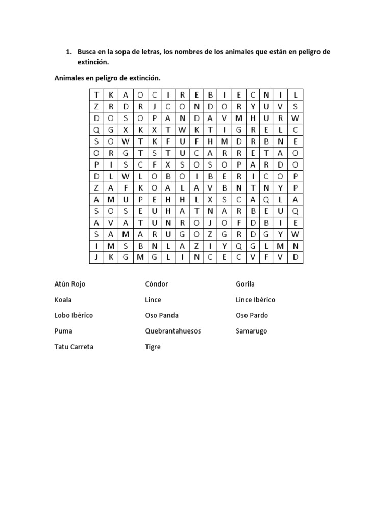 Sopa de Letras Animales en Extinción | PDF