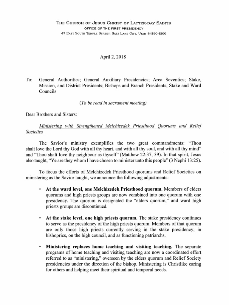 2018 First Presidency Ministering Letter Eng | PDF | Religious ...