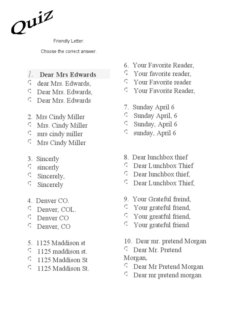Friendly Letter Quiz | PDF