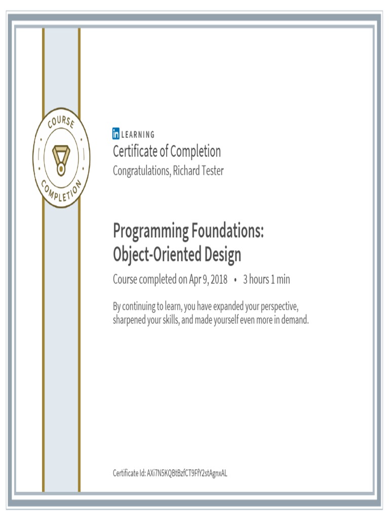 Programming Foundations: Object-Oriented Design: Certificate of Completion | PDF | Art