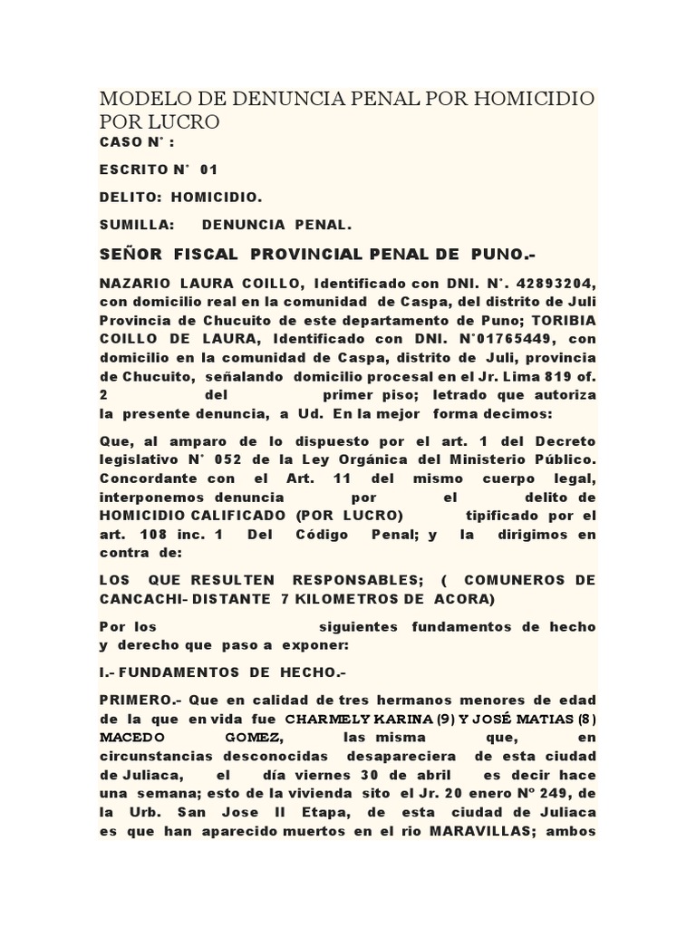 Modelo De Denuncia Penal Por Homicidio Por Lucro Pdf Homicidio
