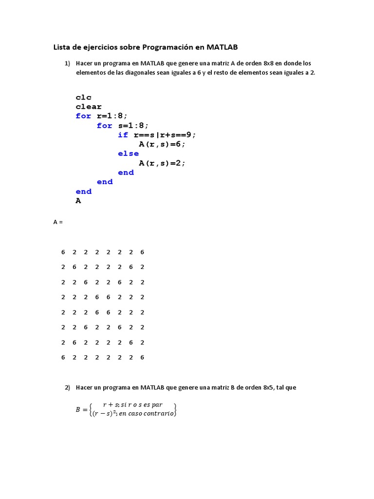 Ejercicios de Matlab | Descargar gratis PDF | Matriz (Matemáticas) | Conceptos matemáticos