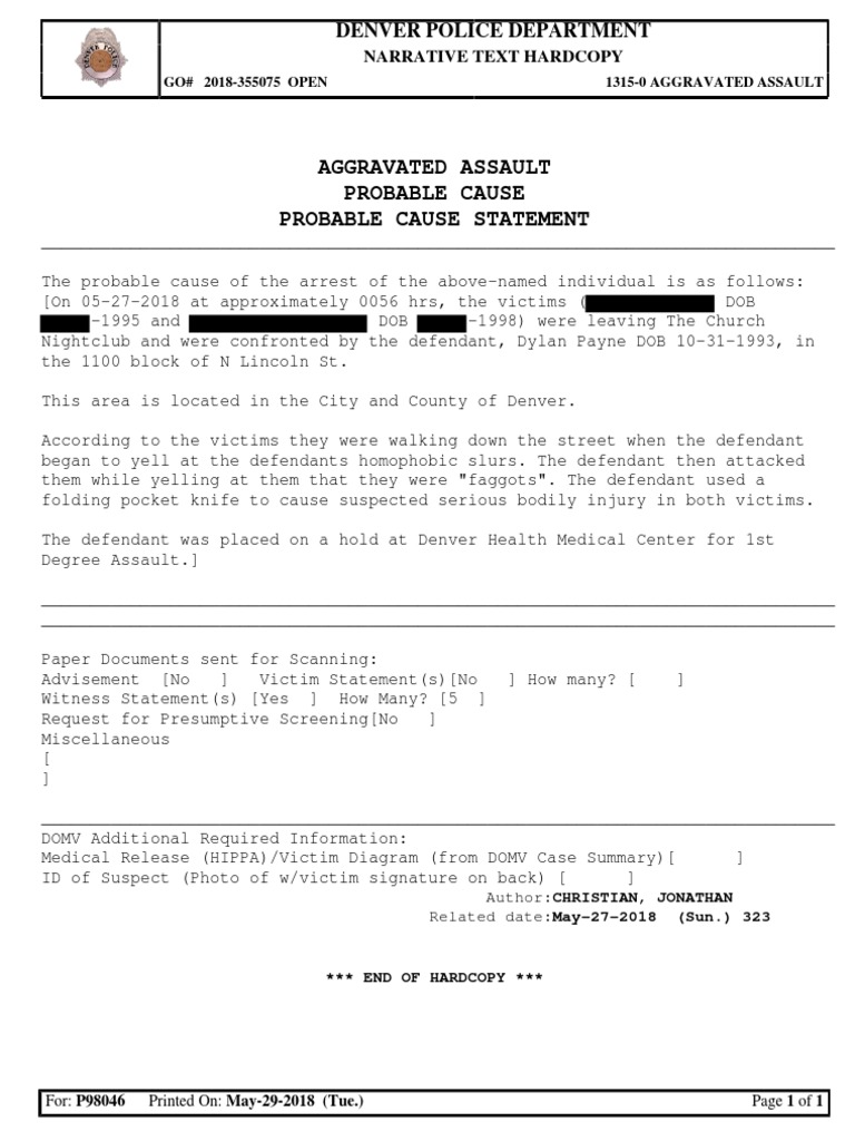 Dylan Payne Probable Cause Statement | PDF