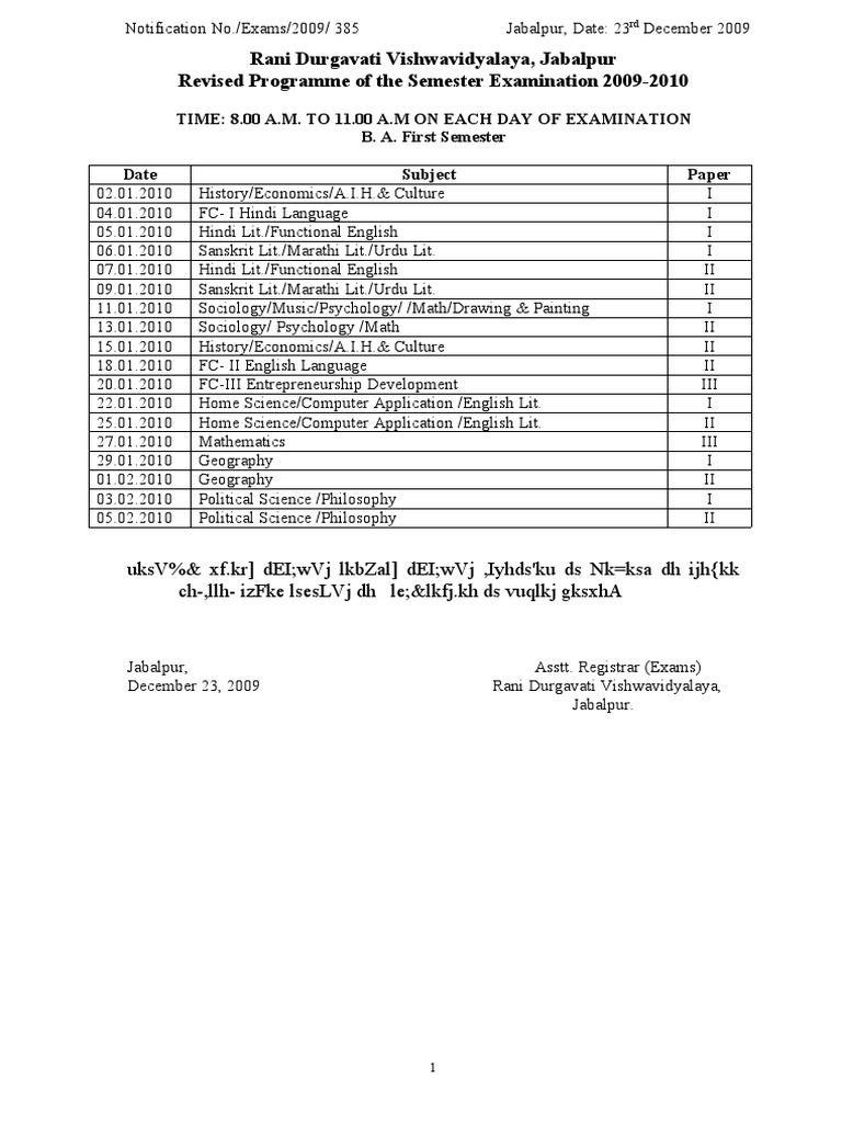 Rani Durgavati Vishwavidyalaya, Jabalpur Revised Programme of The Semester Examination 2009-2010 ...
