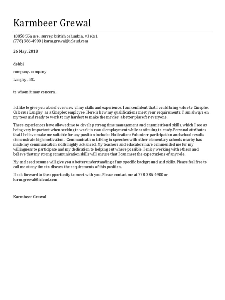 Karmbeer Grewal Cover Letter - Part-Time Cast Member - Cineplex Cinemas ...