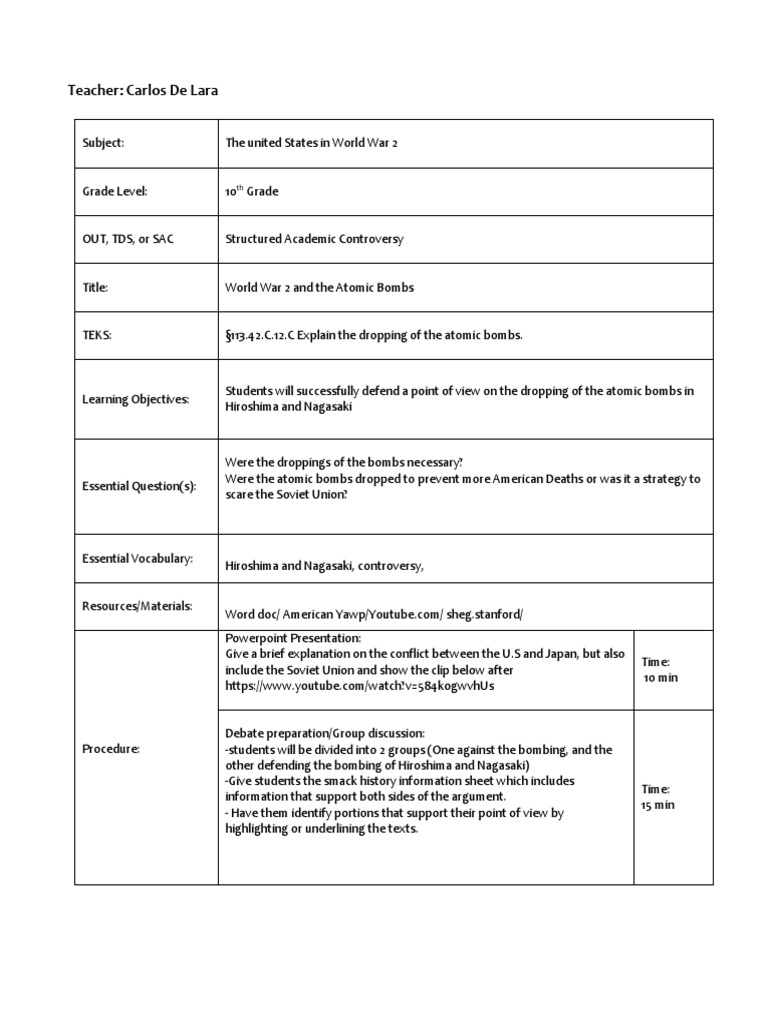 Atomic Bomb Debate Lesson Plan | PDF | Harry S. Truman | Atomic ...