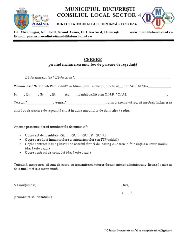 Cerere Tip Parcare DMU Sector 4 | PDF