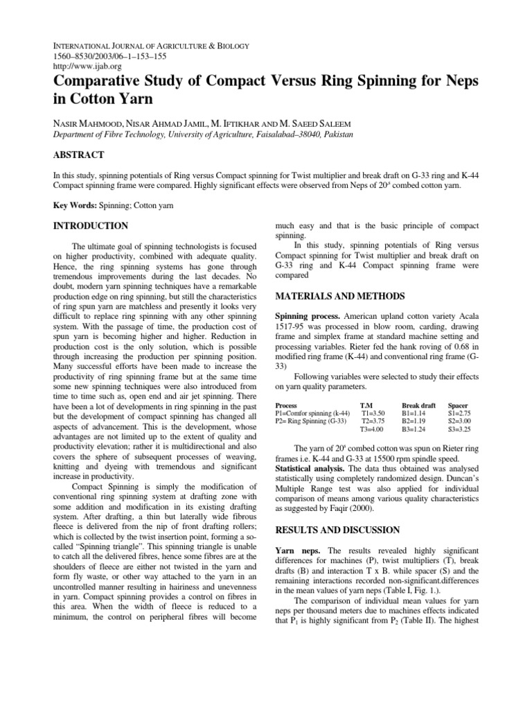 Comparative Study of Compact Versus Ring Spinning For Neps in Cotton ...