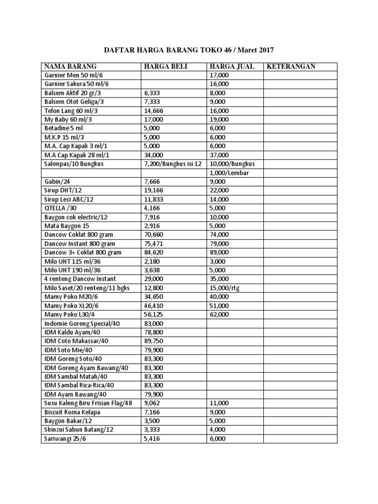 Daftar Harga Barang Toko 46 | PDF