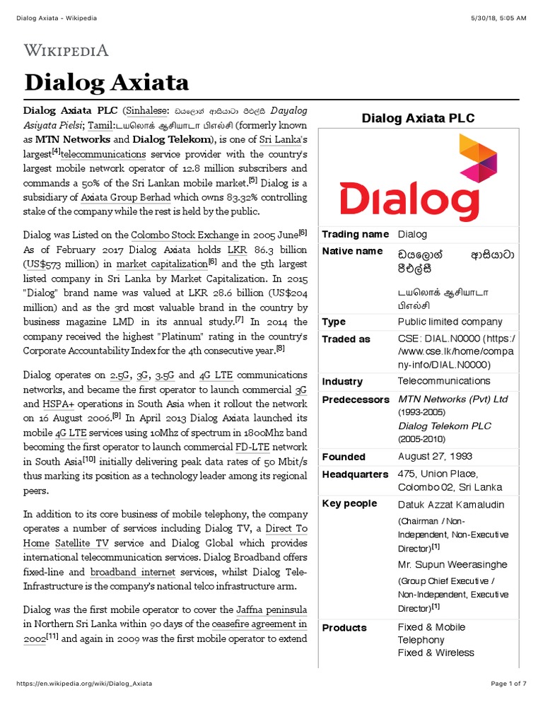 Dialog Axiata - Wikipedia | PDF | Telecommunications | Networks