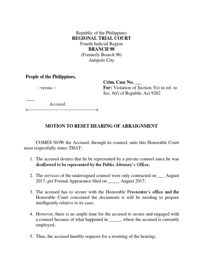 Draft.motion to Reset | Arraignment | Courts