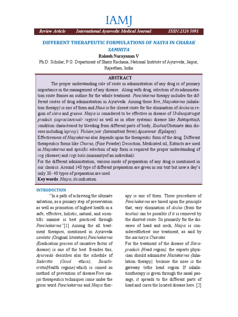 Therapeutic Formulations of Nasya in Charak Samhita | PDF | Ayurveda ...
