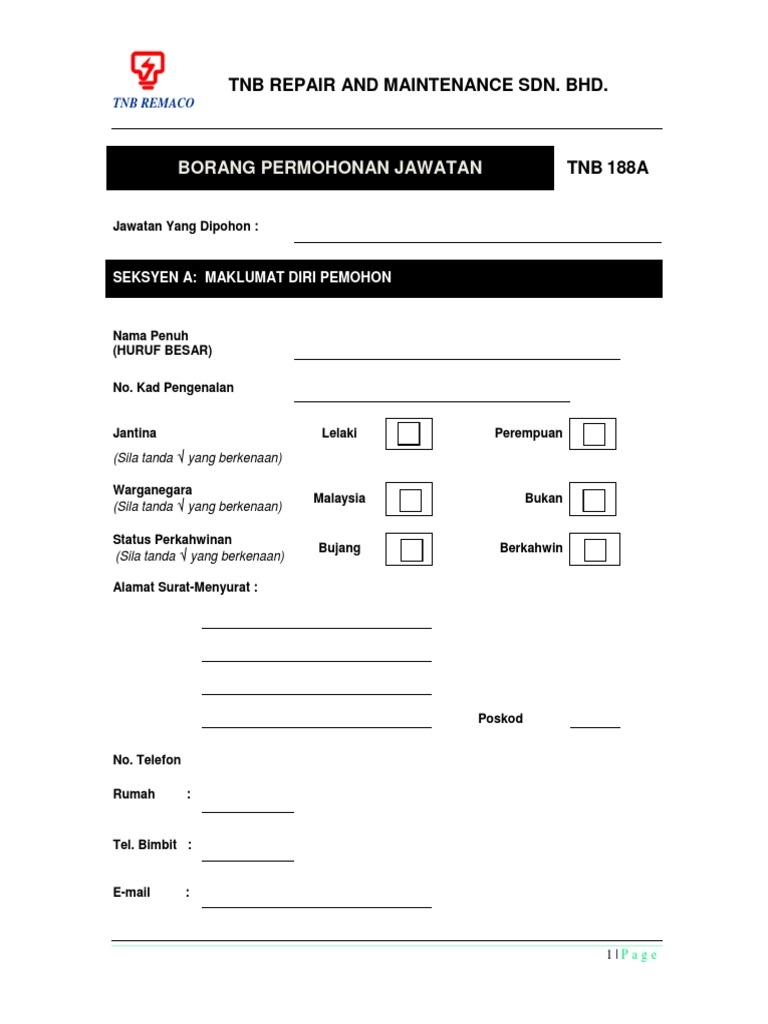 TNB REPAIR AND MAINTENANCE SDN. BHD. Job Application Form | PDF