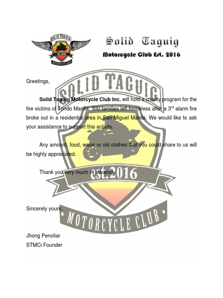 Solid Taguig Motorcycle Club Inc. Will Hold A Charity Program For The | PDF