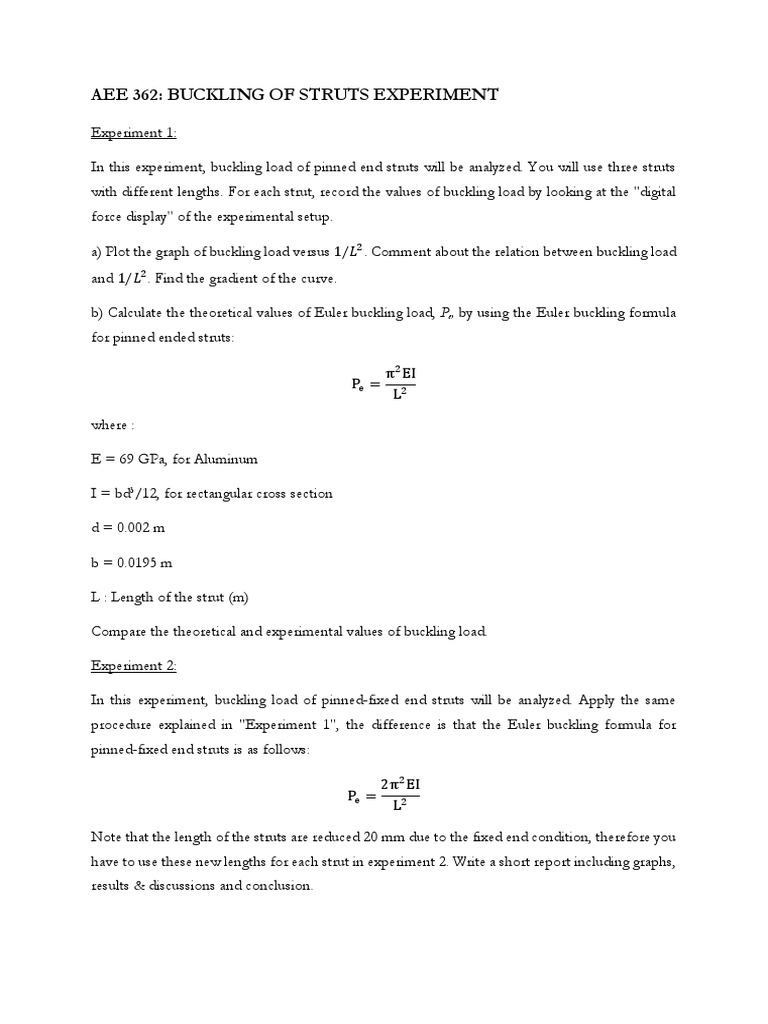 Aee 362: Buckling of Struts Experiment:, by Using The Euler Buckling ...