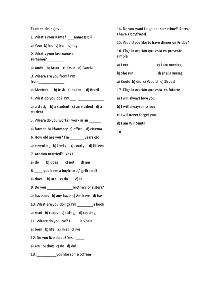 Examen de Ingles Básico I | PDF