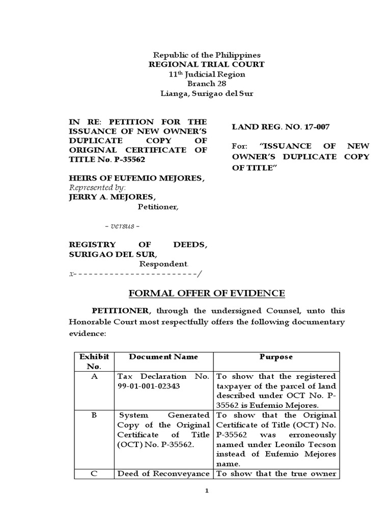 Petition for the Issuance of a New Owner's Duplicate Copy of Original ...