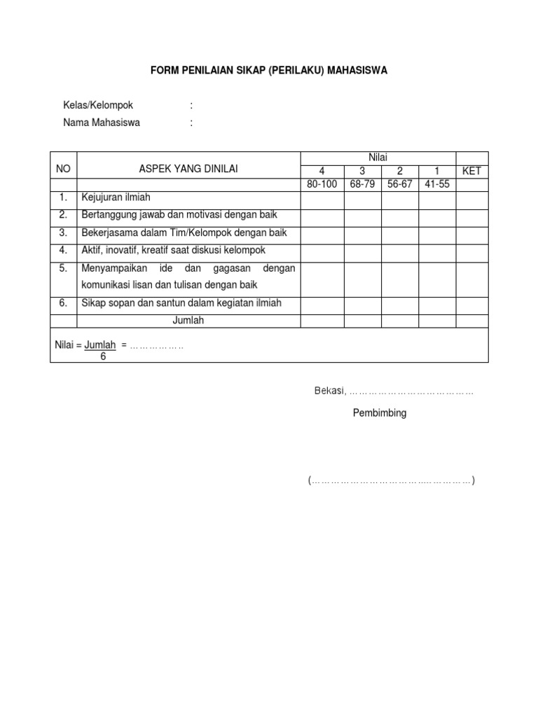 Form Penilaian Sikap (Perilaku) Mahasiswa | PDF | Career & Growth | Art