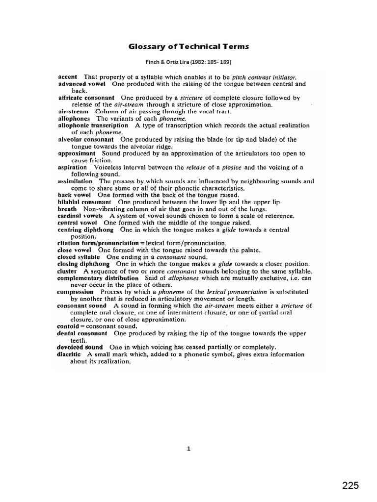 Glossary of Technical Terms: Finch & Ortiz Lira (1982: 185-189) | PDF