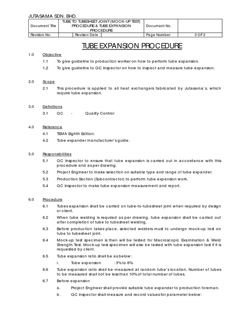 Tubes Expansion Procedure | PDF | Welding | Construction