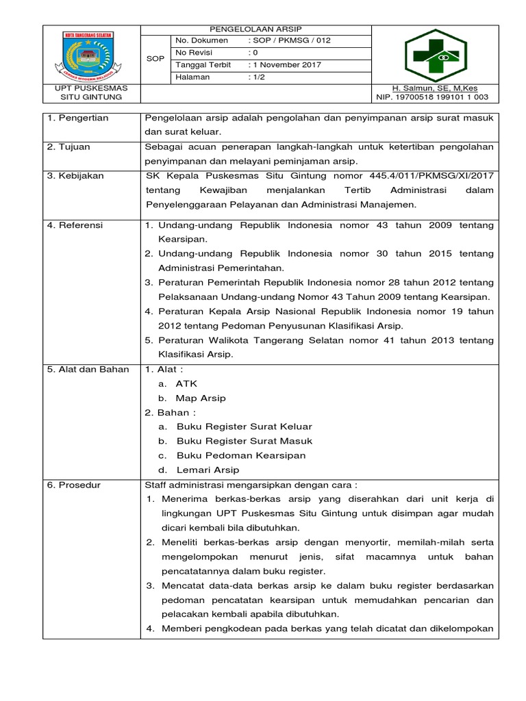 SOP Pengelolaan Arsip | PDF