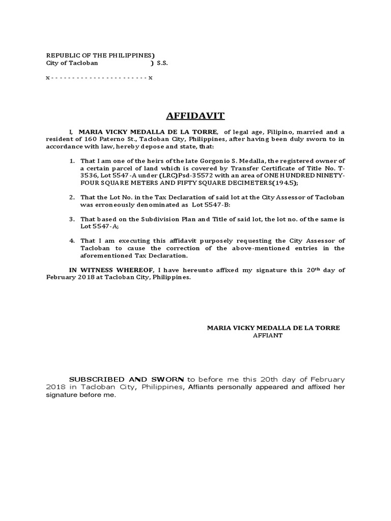 Affidavit: IN WITNESS WHEREOF, I have hereunto affixed my signature this 20