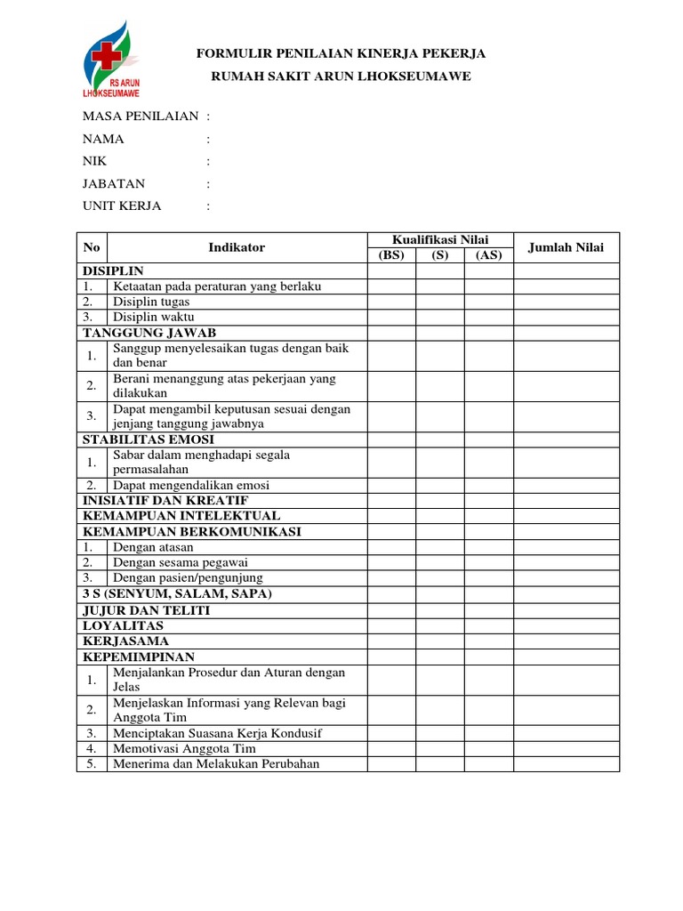 Penilaian Kinerja Pegawai RS Arun | PDF