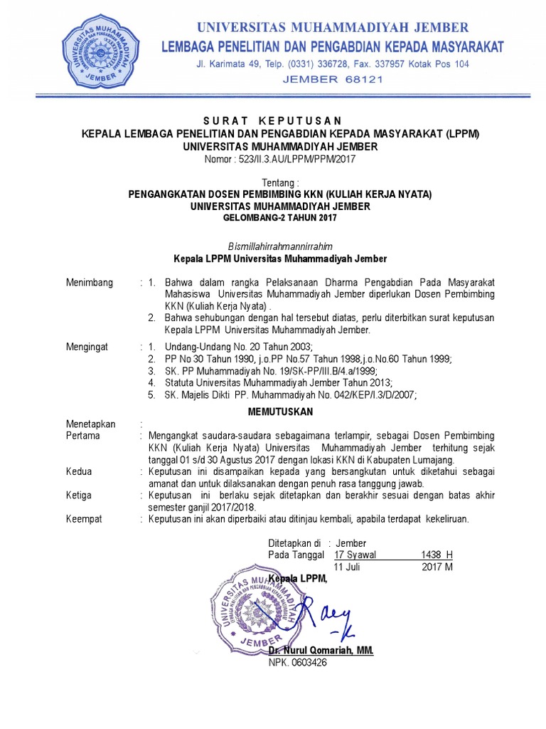 Contoh SK DPL Unmuh Jember | PDF