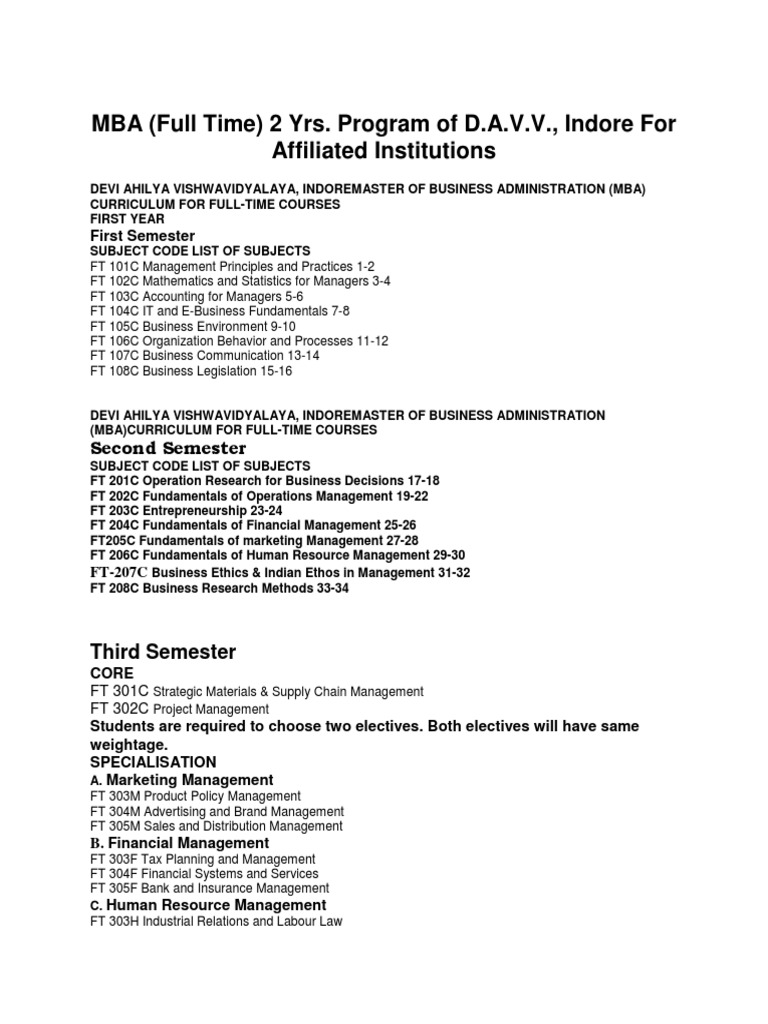 Davv Mba Syllabus All 4 Sems PDF | PDF