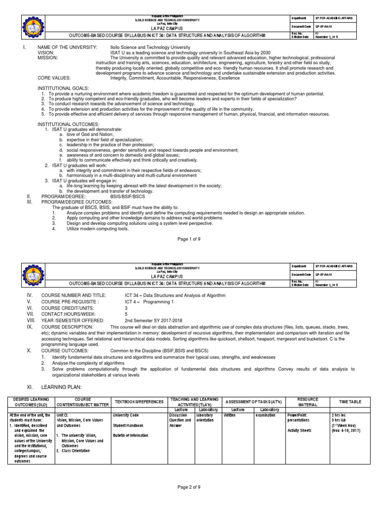 ICT 34 Data Structures and Analysis of Algorithm | PDF | Educational Technology | Algorithms