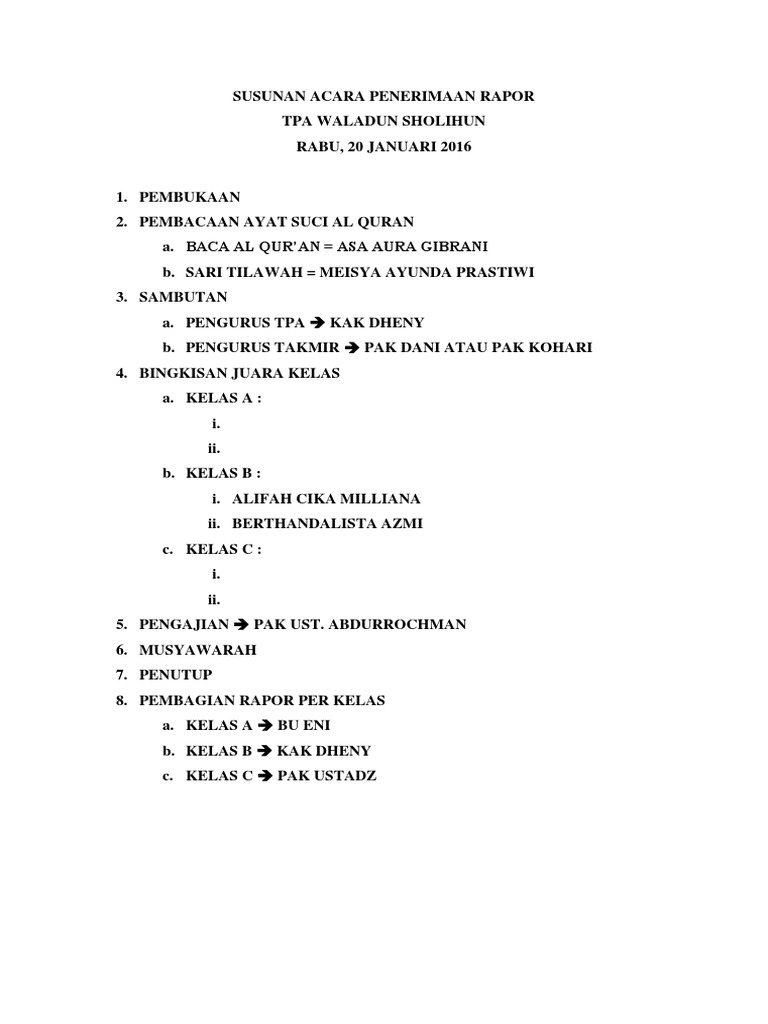 Susunan Acara Penerimaan Rapor | PDF