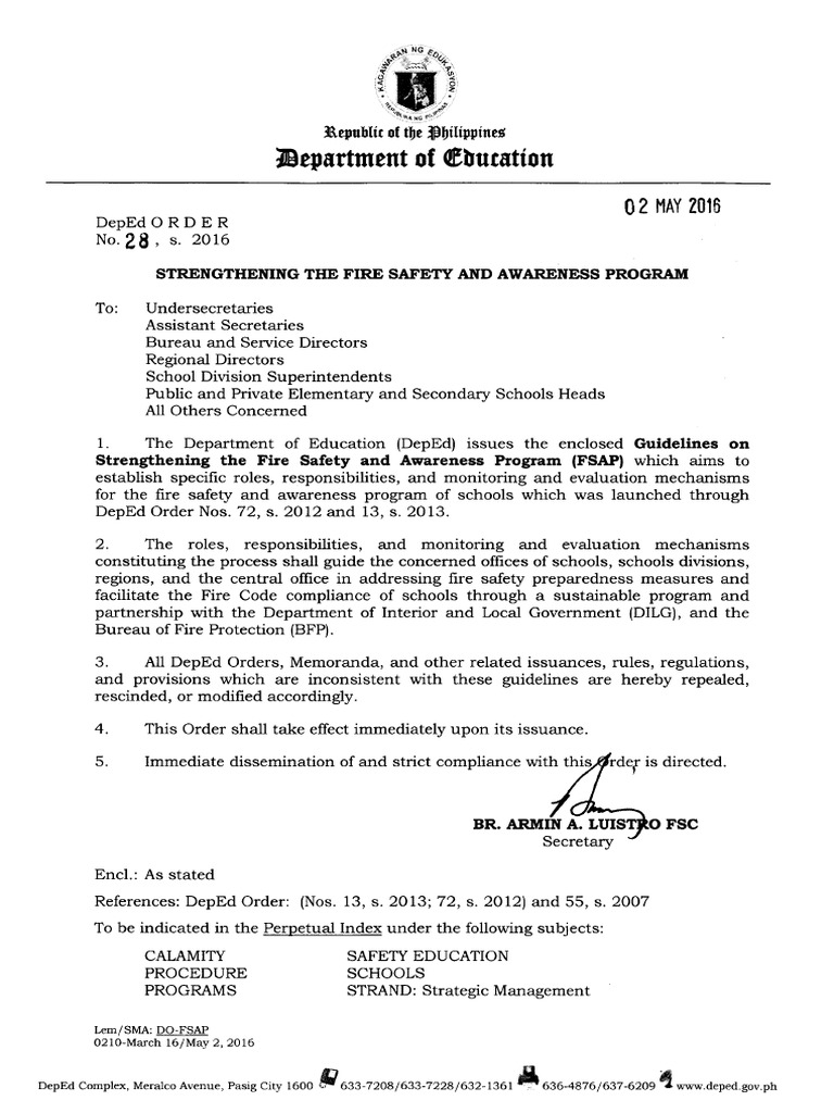 DepED Order No. 28 s.2016 Fire Safety | PDF