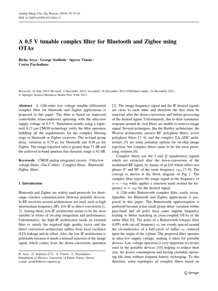 A 0.5 V Tunable Complex Filter For Bluetooth and Zigbee Using Otas ...