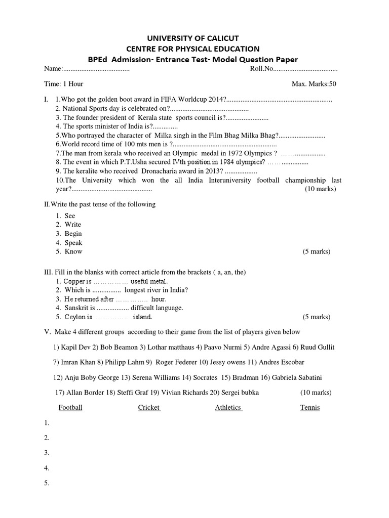 BPEd Entrance Exam 2015 Model Question Paper Calicut University | PDF | Sports