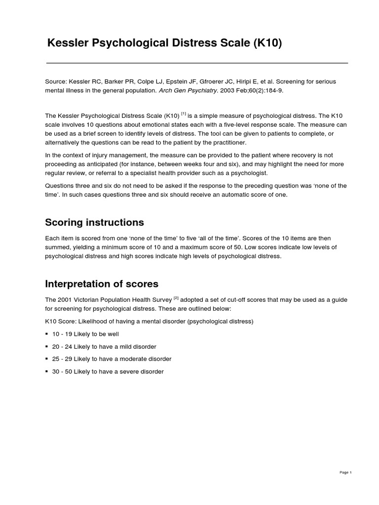 K-10 Kessler Psychological Distress Scale (KPDS) 2 | Mental Disorder ...