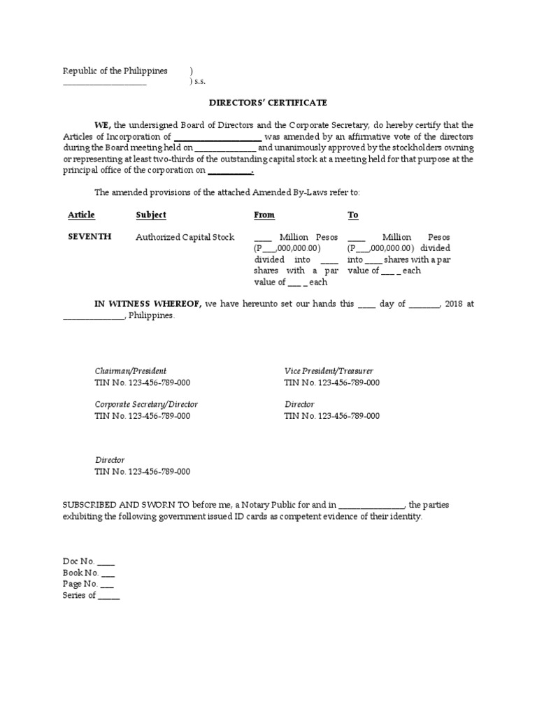 Sample - Directors Certificate of Amendment | PDF