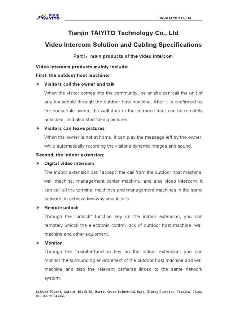 Video Intercom Solution and Cabling Specifications | PDF | Electrical ...